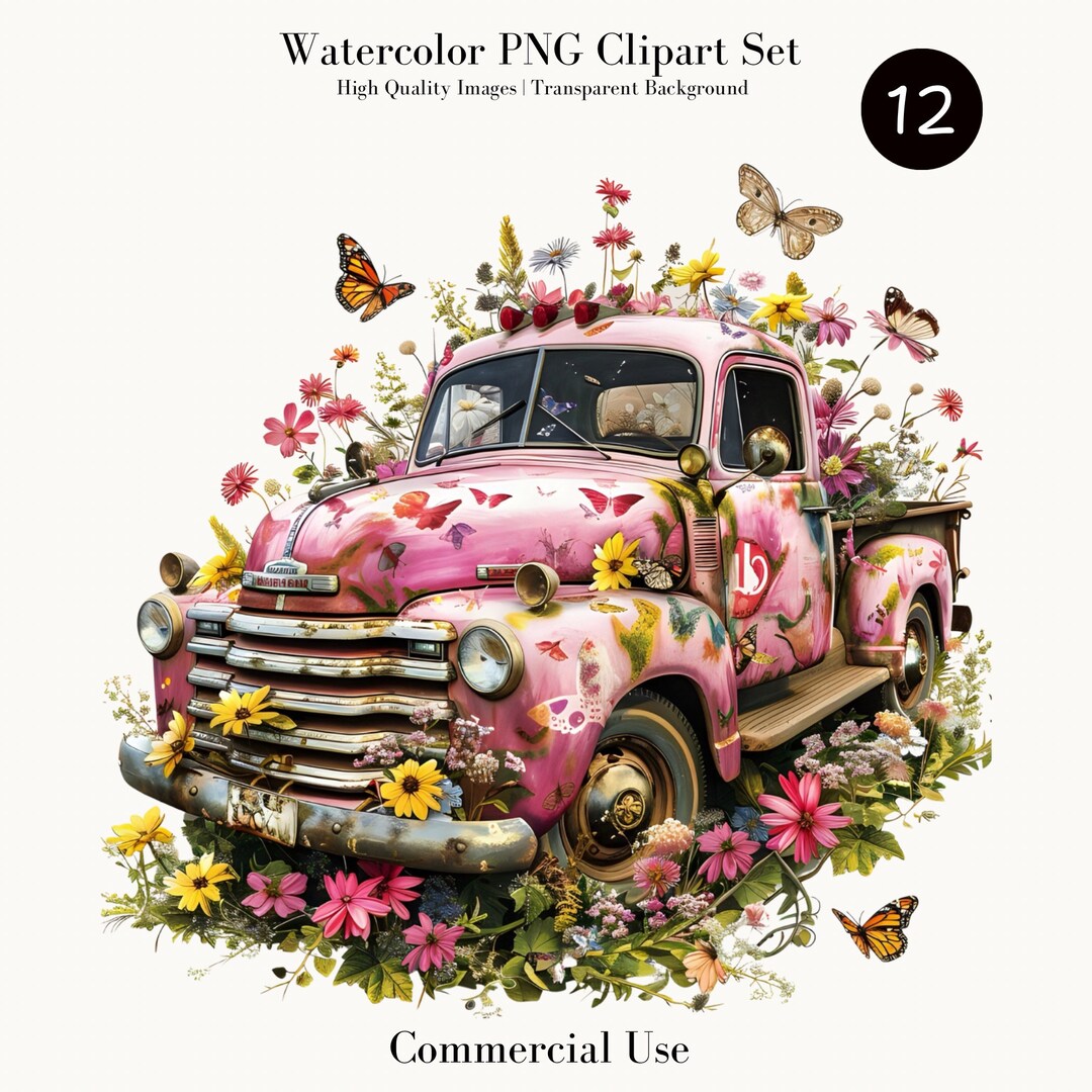 Vintage Pink Truck Watercolor Clipart Set, Digital Download for ...