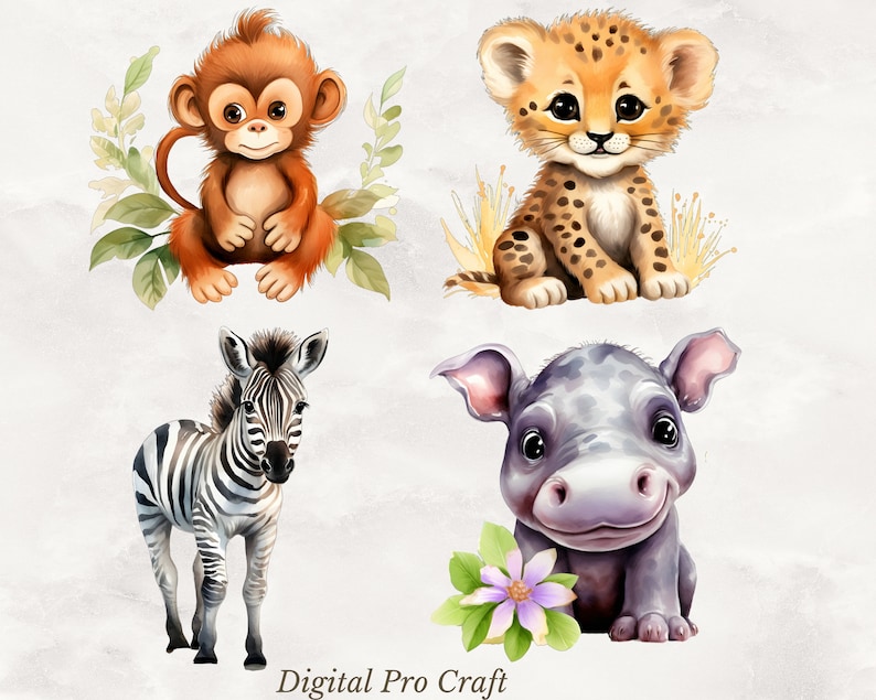 12 Watercolor Safari Baby Animals Clipart-commercial - Etsy
