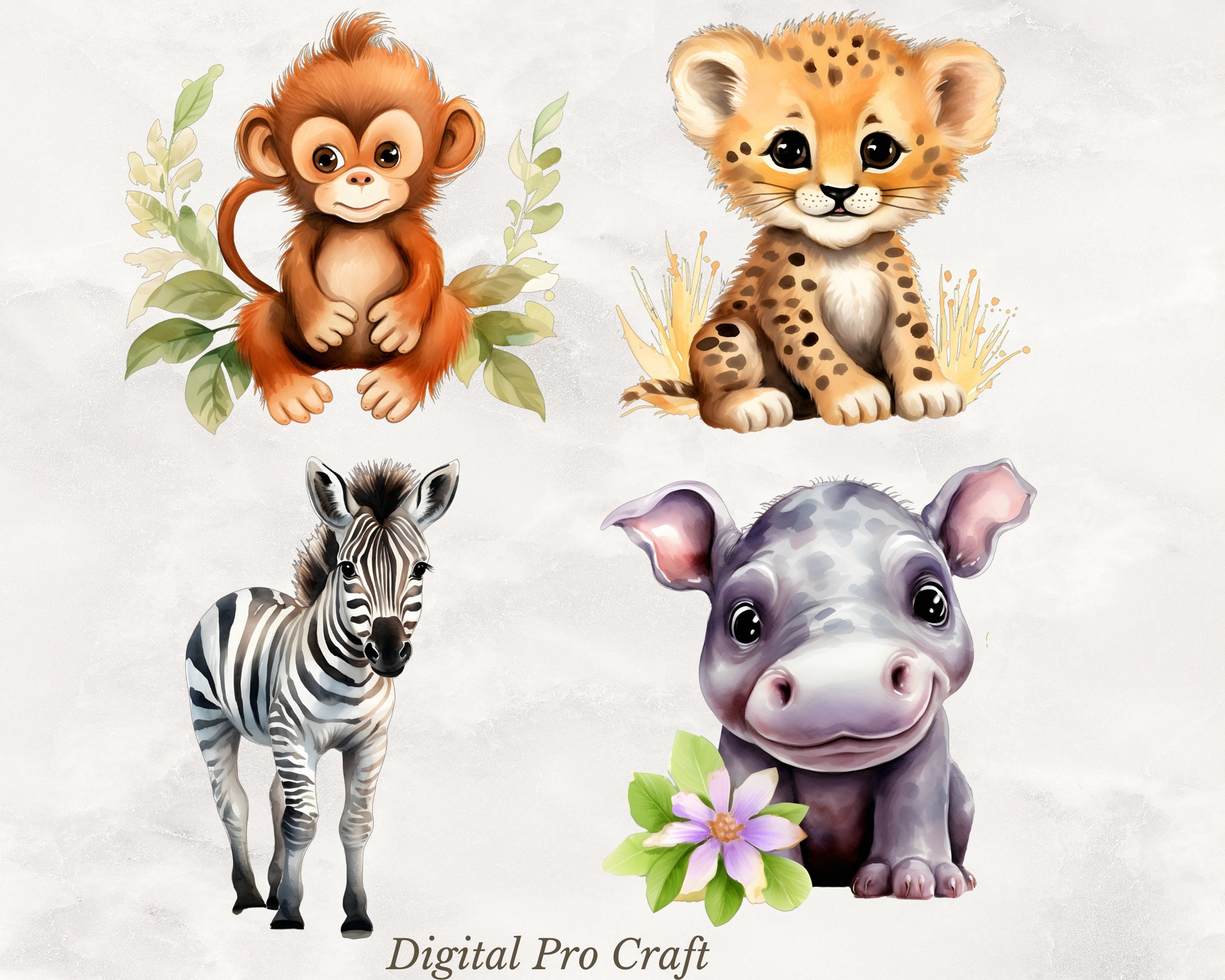 12 Watercolor Safari Baby Animals Clipart-commercial - Etsy