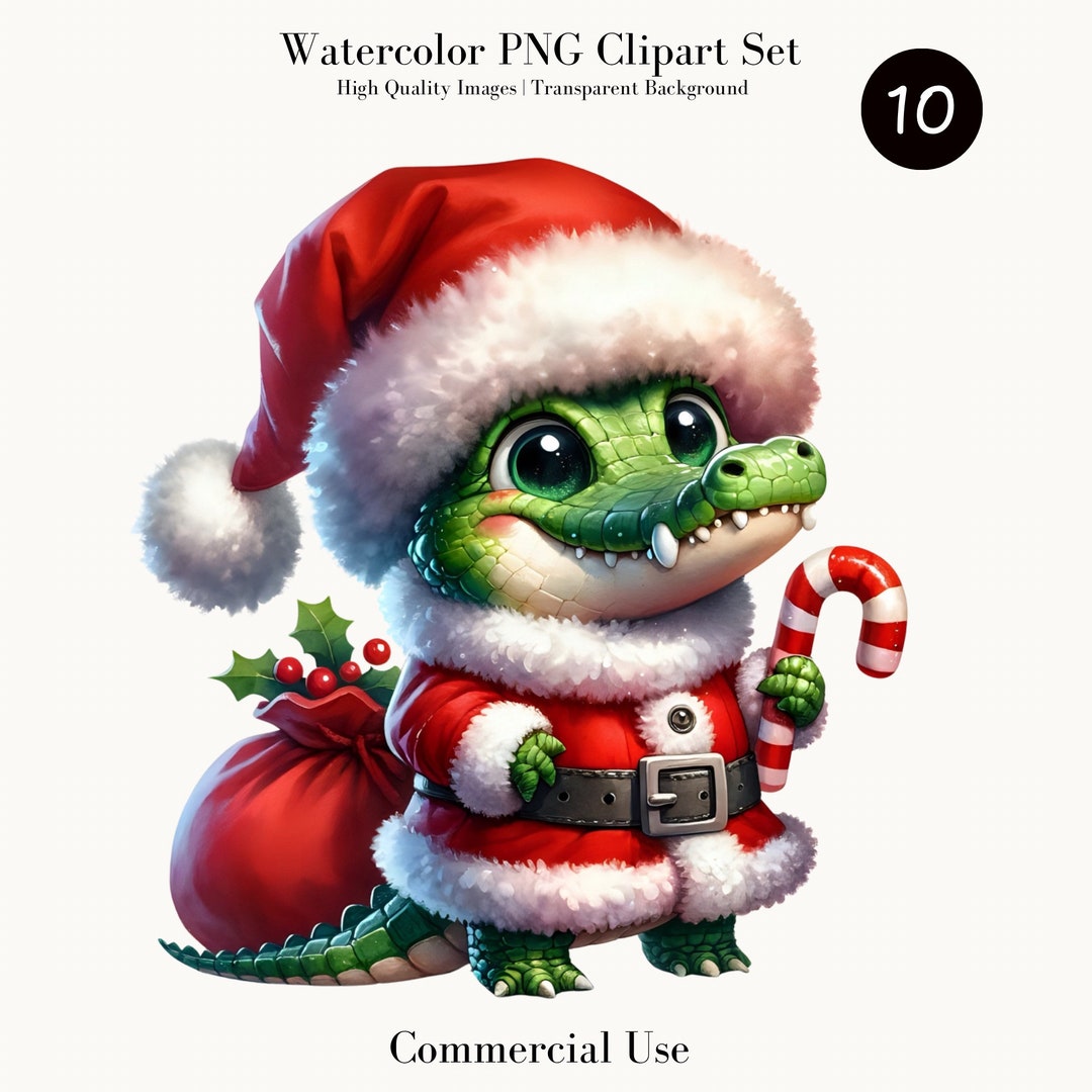 Christmas Alligator Clipart, Cute Santa Hat Gator, Holiday Graphics ...