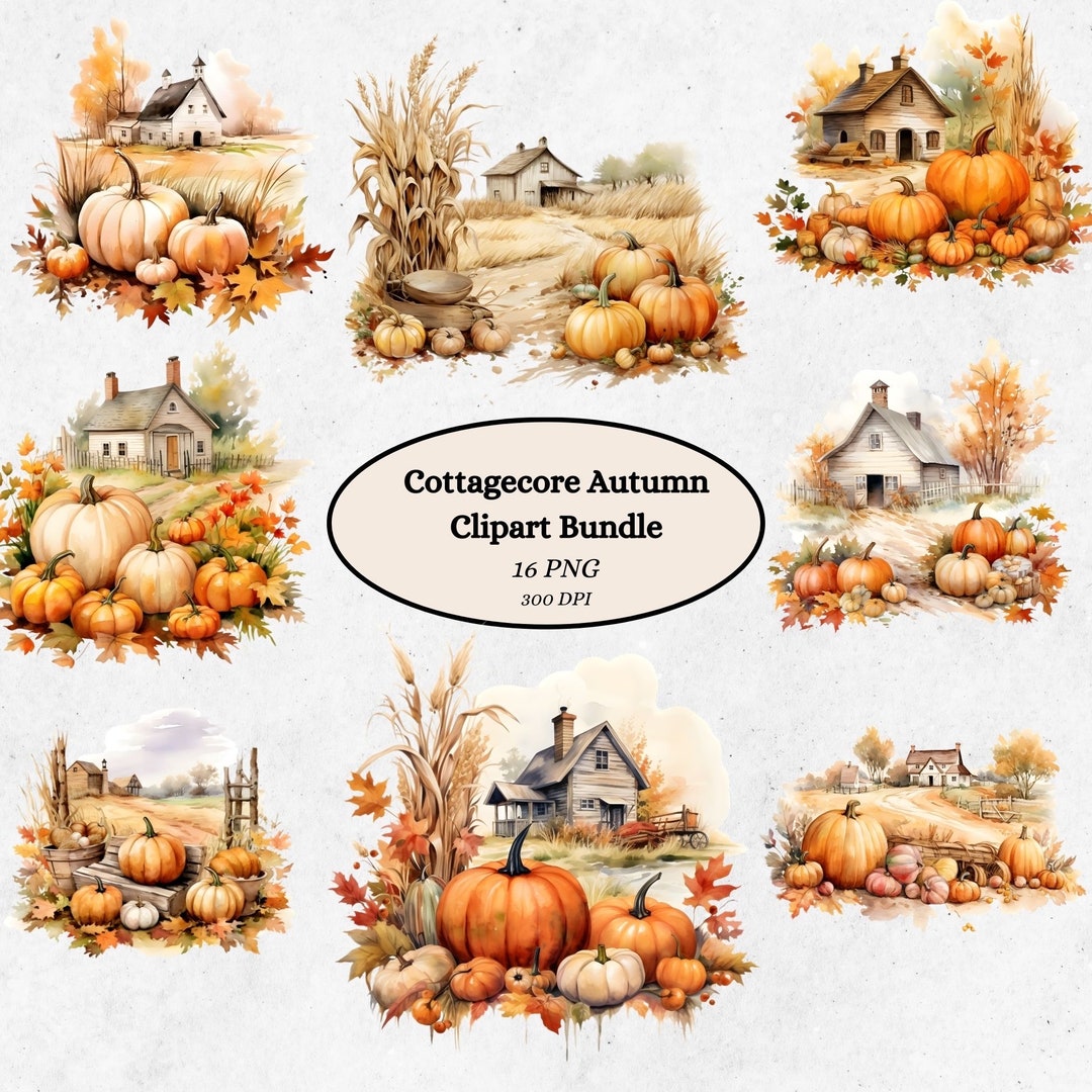 Cottagecore Autumn Clipart Bundle, Fall Pumpkins Digital Art, Rustic ...
