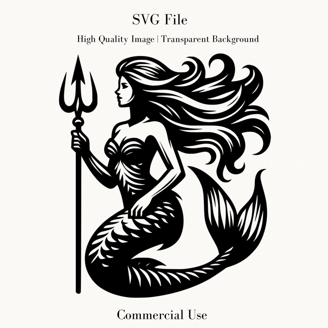 Mermaid SVG File, Black Silhouette, Transparent Background, High ...