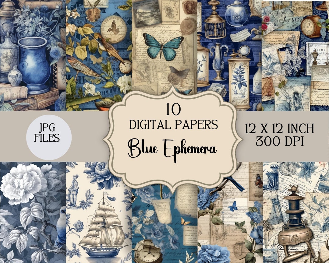 Set of 10 Vintage Blue Ephemera Digital Paper Pack-instant Download ...