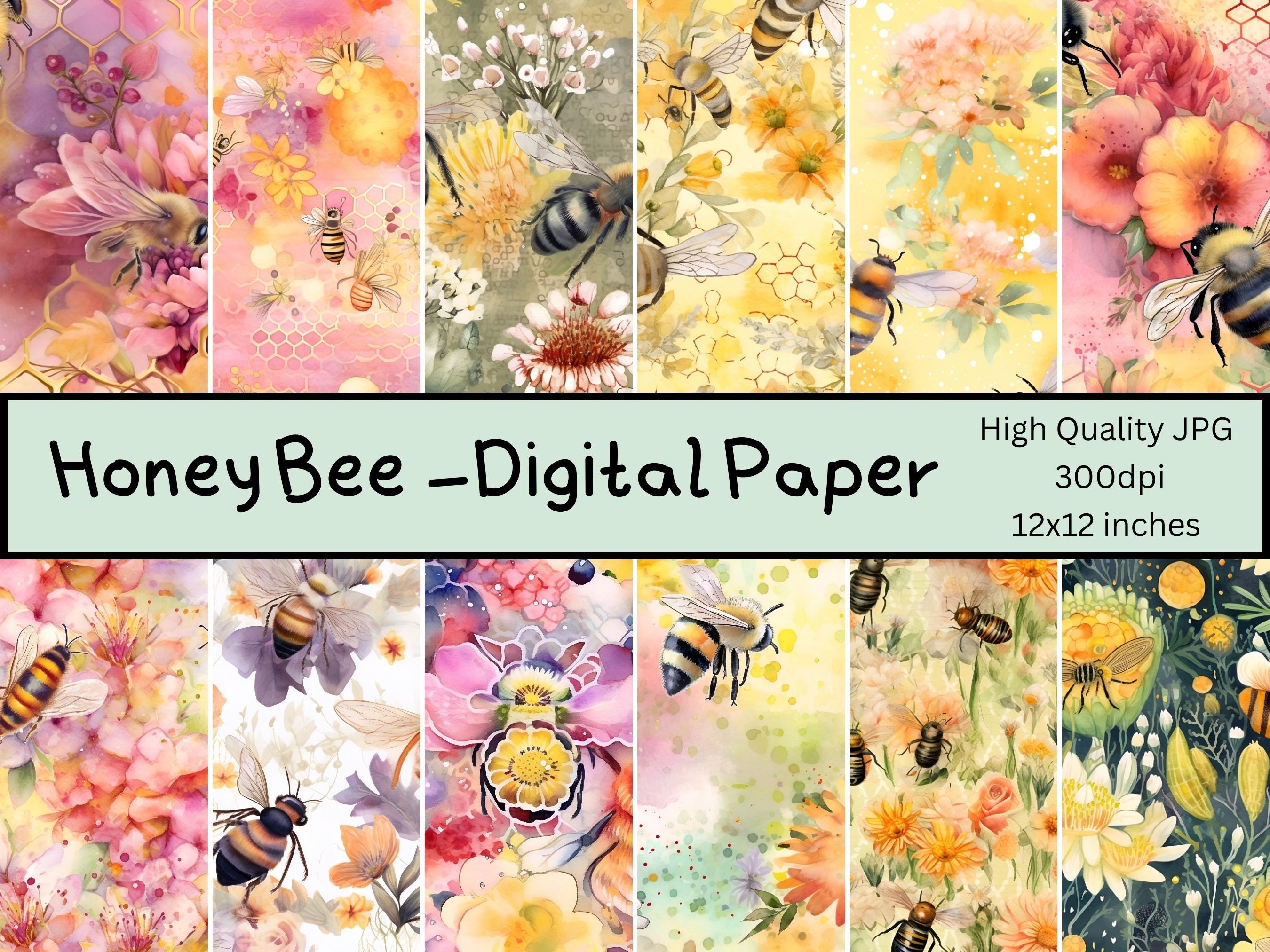 Honey Bee Digital Paper, Seamless Patterns, Watercolor Bee Backgrounds ...