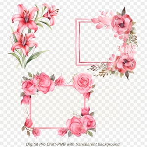 Set of 16, Watercolor Floral Pink Rectangular Frames, Floral Clipart ...