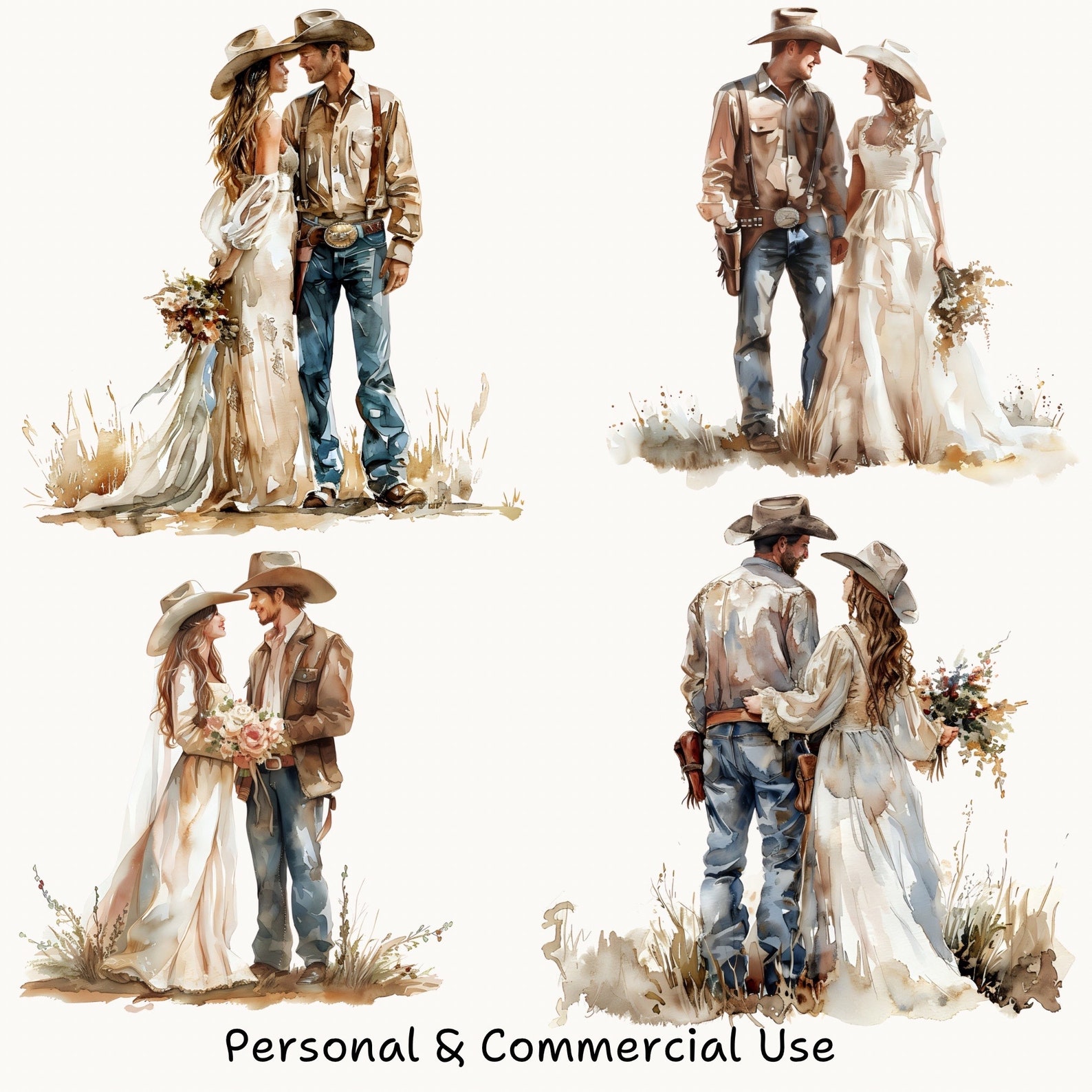 Western Bride and Groom Clipart, Texas Wedding Watercolor, Rustic ...