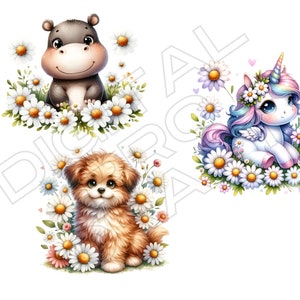 Cute Animals Holding A Daisy Clipart PNG, Pack of 15, Crafts Card ...