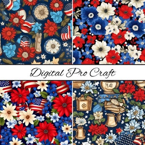 July 4th Patriotic Digital Paper Pack, Vintage American Red & White ...