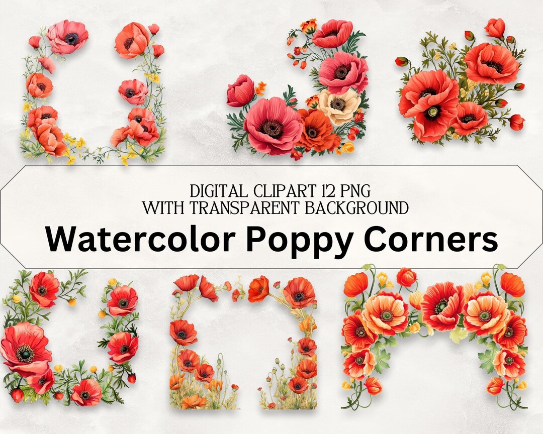Poppy Floral Watercolor Card Corners and Borders Clipart Set: Versatile ...