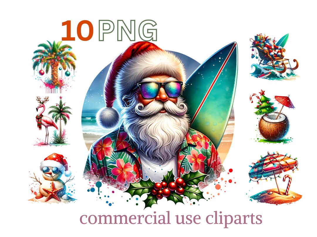 Christmas in July Clipart, Beach Santa PNG, Tropical Holiday Art ...