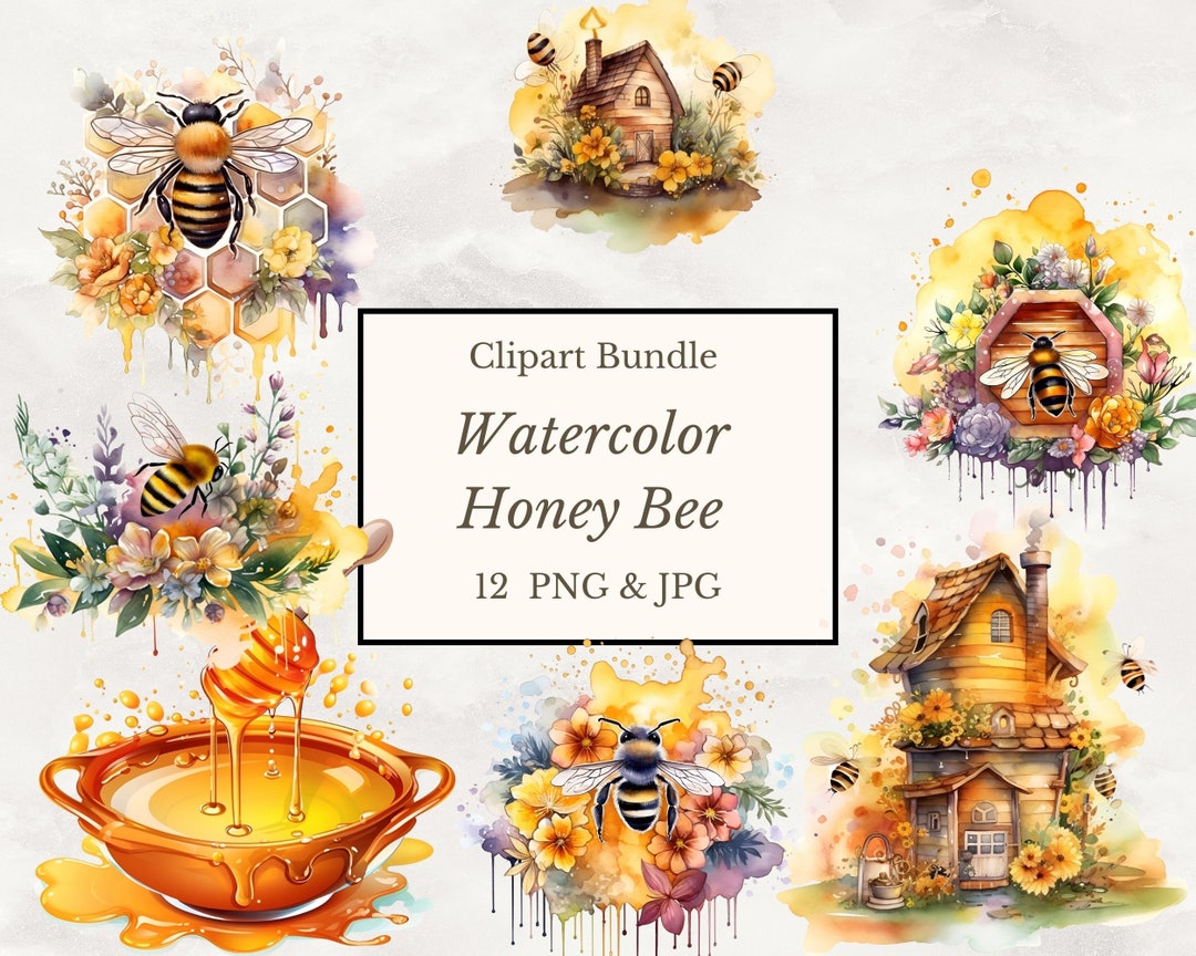 Watercolor Honey Bee Clipart, Spring Garden Bee and Honey Drips Clip ...
