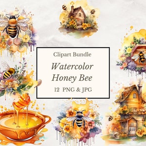Watercolor Honey Bee Clipart, Spring Garden Bee and Honey Drips Clip ...