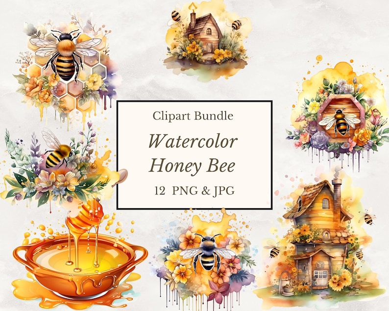 Watercolor Honey Bee Clipart Spring Garden Bee and Honey - Etsy