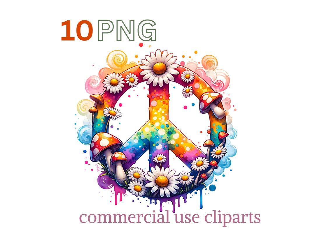 Hippie Era Clipart Bundle, 70s Retro Pngs, Boho Peace Sign, Rainbow ...