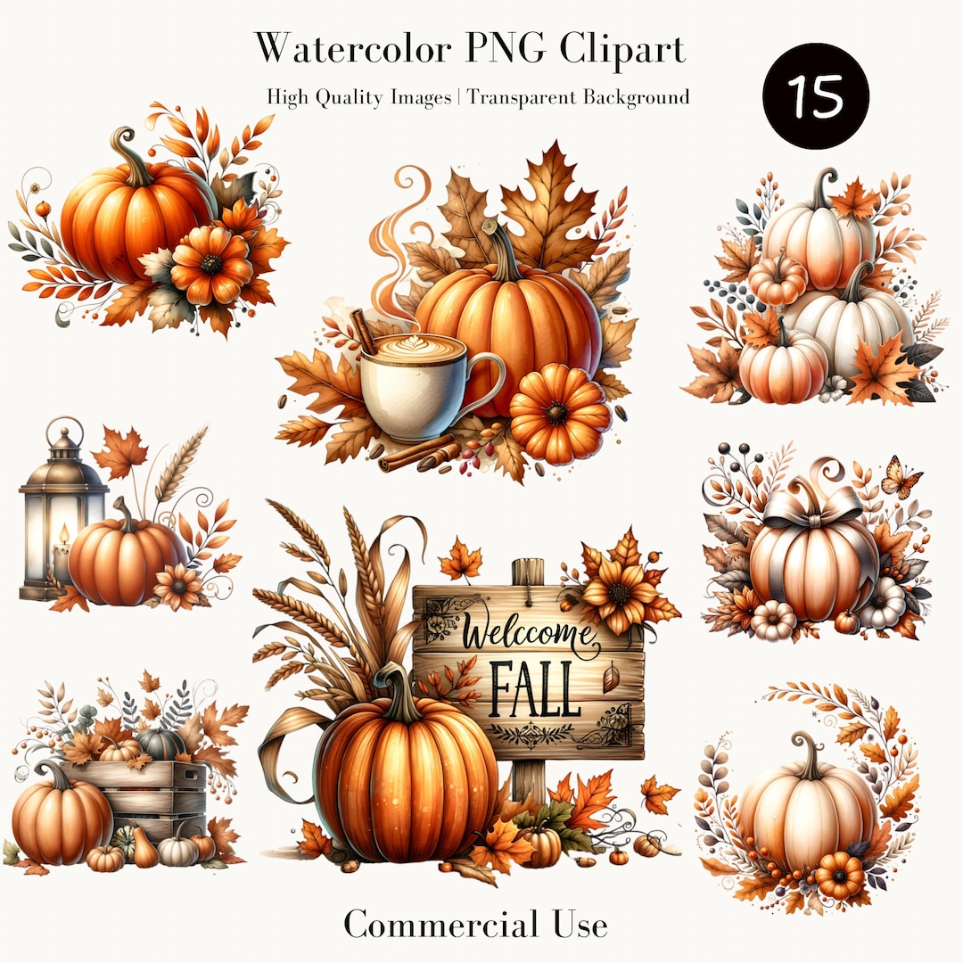 Fall Pumpkin Watercolor Clipart – Autumn Coffee PNG Bundle, Harvest ...