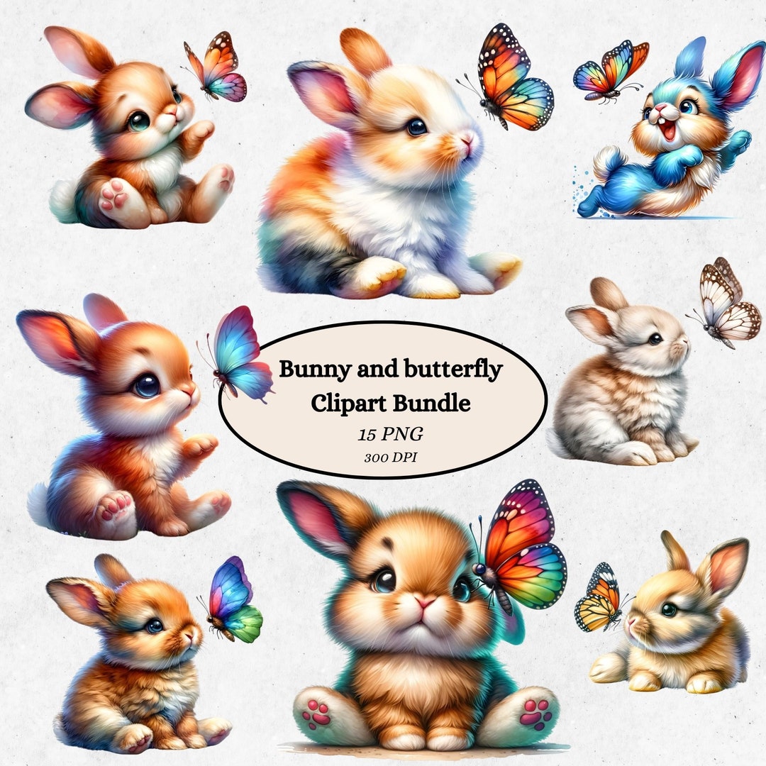 Watercolor Bunny and Butterfly Clipart, Cute Rabbit Digital Images ...