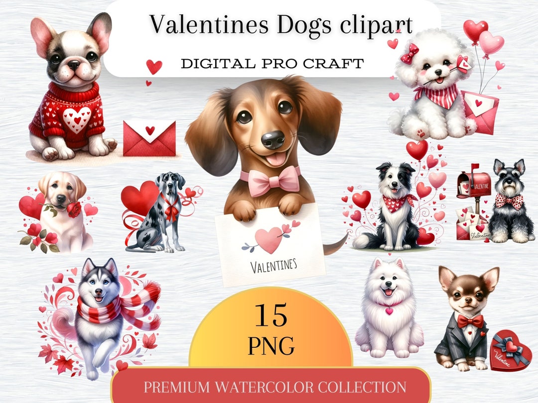 Watercolor Valentines Puppies Collection Clipart, 15 PNG Valentines Day ...