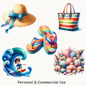 Watercolor Beach Day Collection Clipart - 18 PNG Beach Illustrations ...