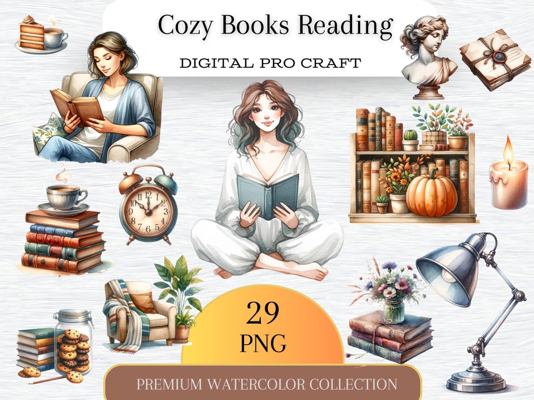 Cozy Books Reading , Watercolor Clipart, Pretty Girl Clipart, Coffee ...