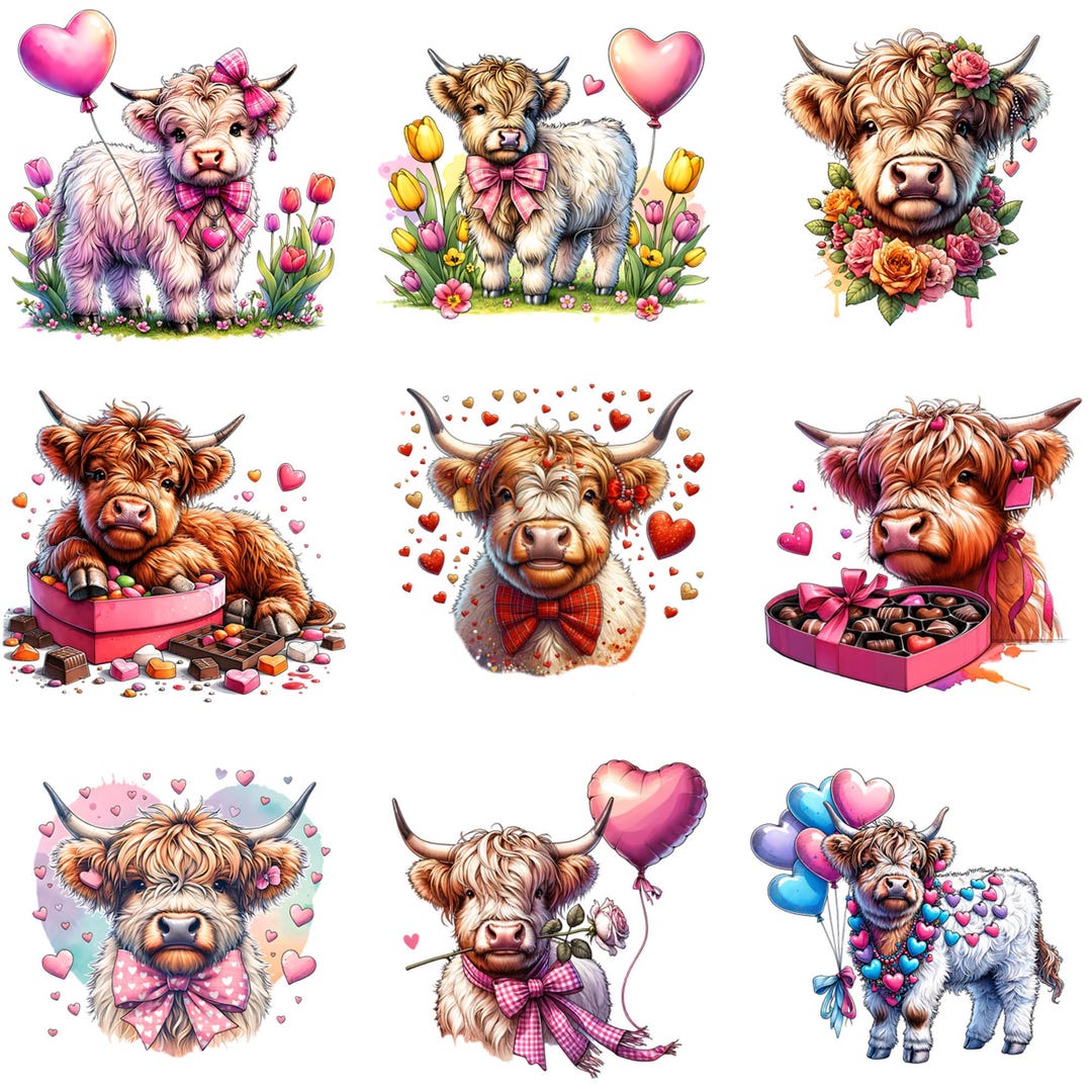 Adorable Valentine Highland Cow Clipart Collection for Card Design, T ...