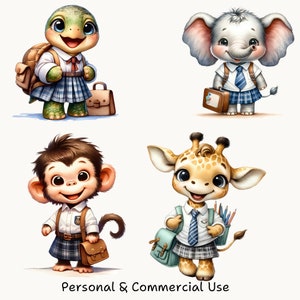 Watercolor School Animals Clipart Set, Digital PNG Files, Nursery ...