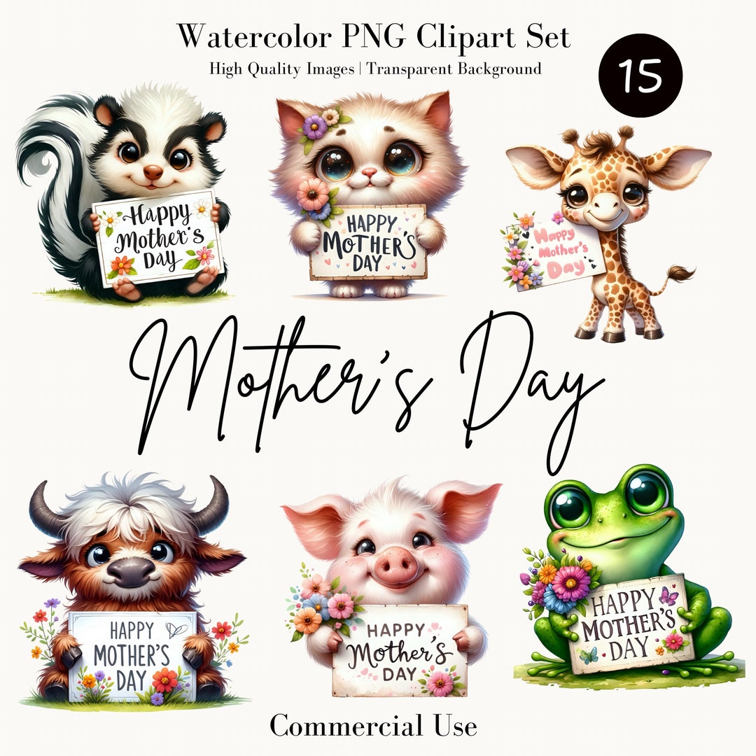 Mother's Day Watercolor PNG Clipart Boundle Set, Cute Animal With Sign ...