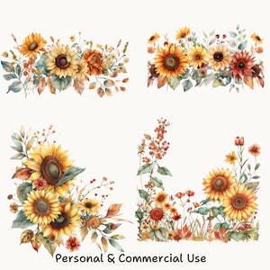 Watercolor Fall Sunflower Clipart Set, Autumn Floral PNG, Commercial ...