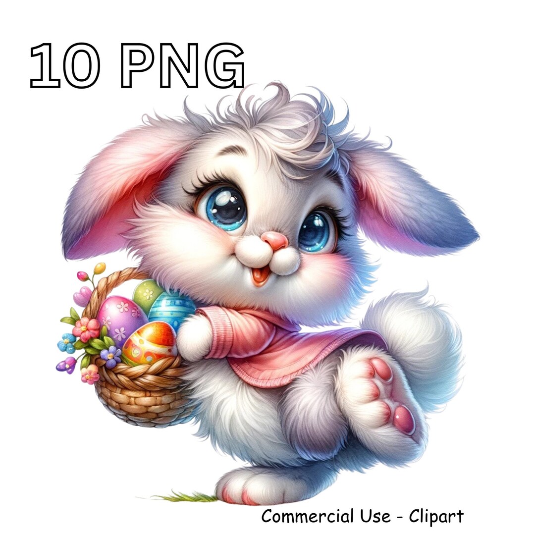 Cute Easter Bunny Digital Clipart, Pastel Easter Eggs Basket, Spring ...