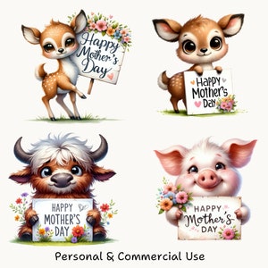 Mother's Day Watercolor PNG Clipart Boundle Set, Cute Animal With Sign ...