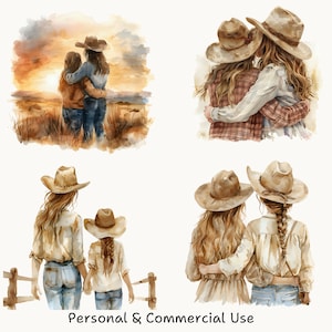 Watercolor Cowgirl Mom and Daughter Clipart - Western Mother’s Day ...