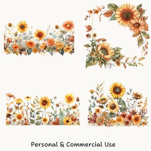 Watercolor Fall Sunflower Clipart Set, Autumn Floral PNG, Commercial ...