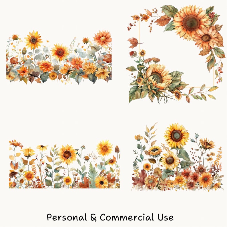 Watercolor Fall Sunflower Clipart Set, Autumn Floral PNG, Commercial ...