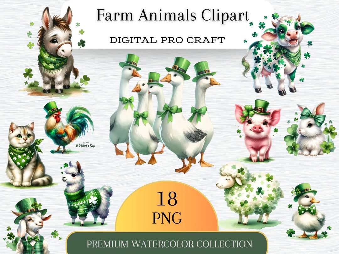 St Patrick Farm Animals Clipart PNG Bundle, Cute Saint Patrick Kitten ...