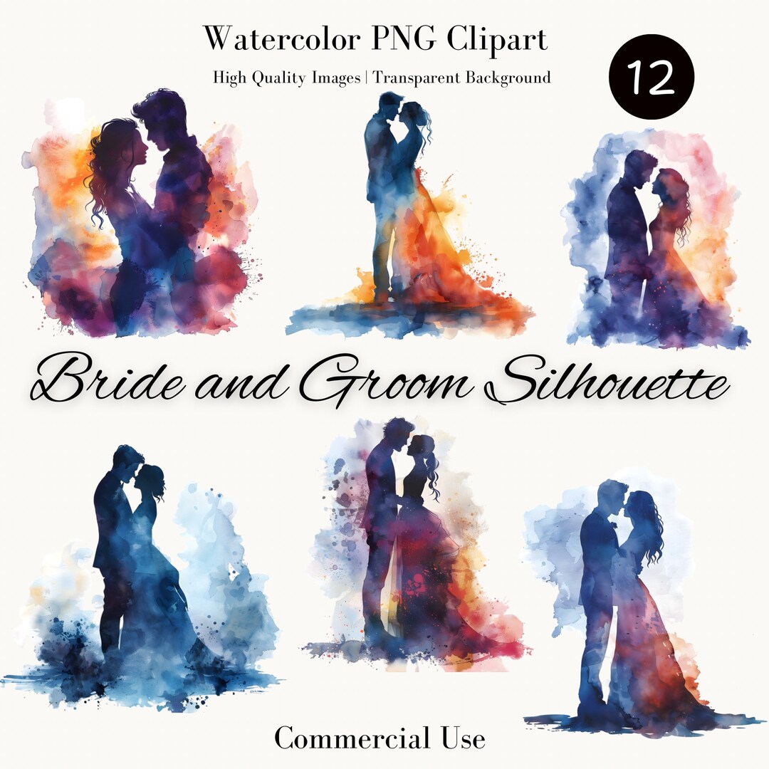 Wedding Bride and Groom Clipart PNG, Watercolor Couple Silhouette ...
