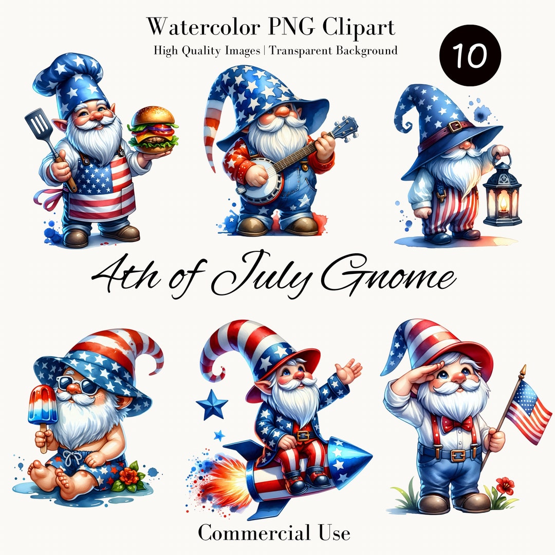 4th of July Gnome Clipart, Patriotic Gnome Watercolor PNG, USA ...