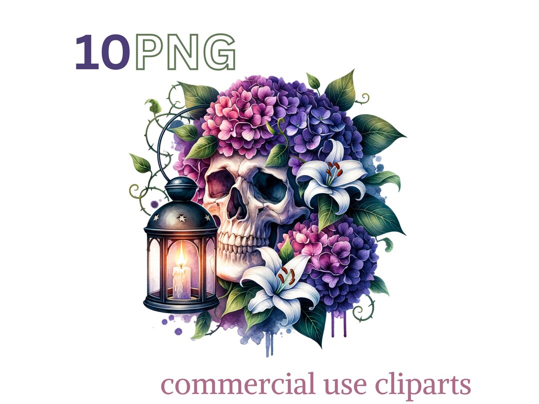 Floral Skull Clipart Bundle, Watercolor Gothic Skull Pngs, Halloween ...