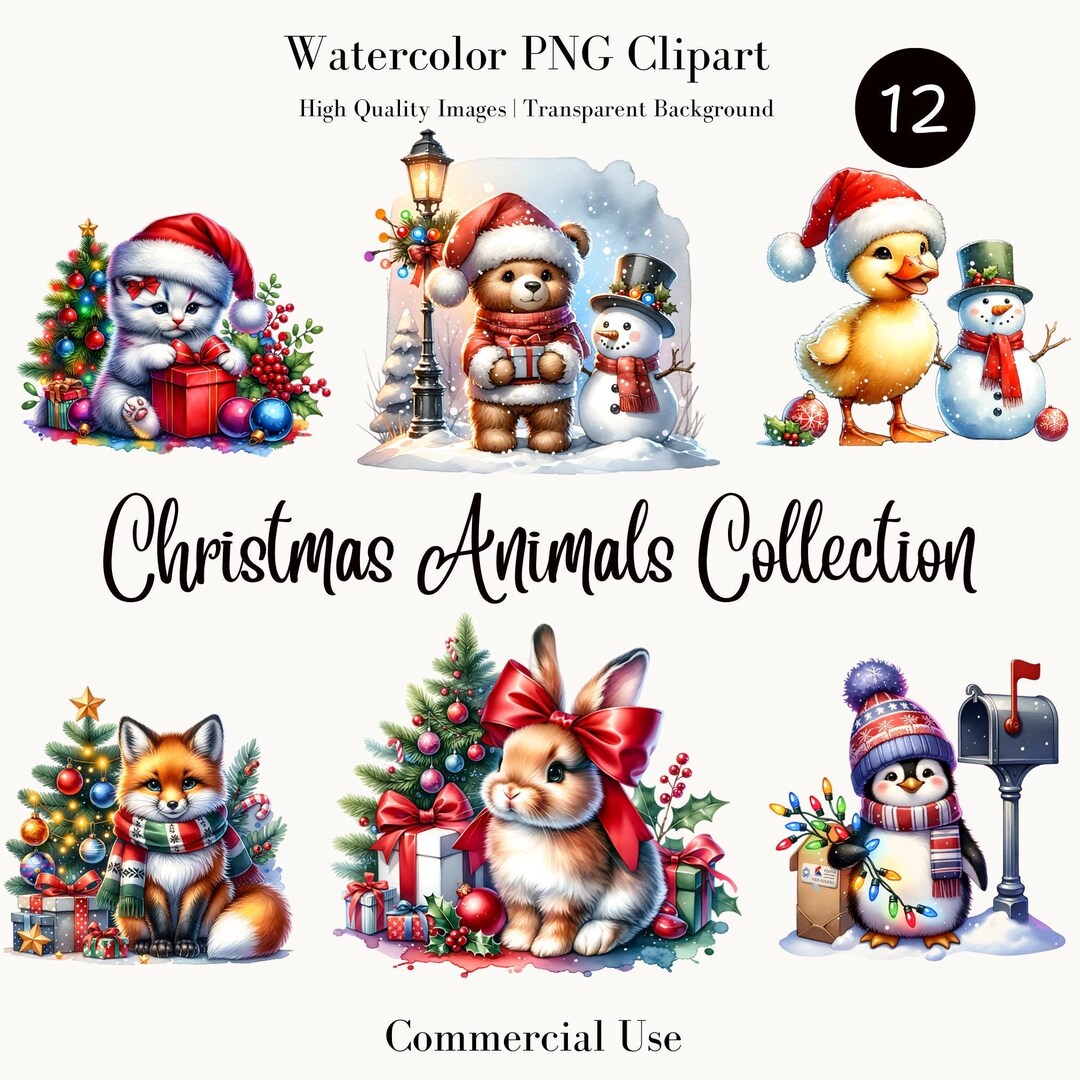 Christmas Animals Clipart PNG, Digital Download, Watercolor Animal ...