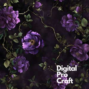 Baroque Purple Rose Digital Paper Set of 16 , Seamless Dark Floral ...