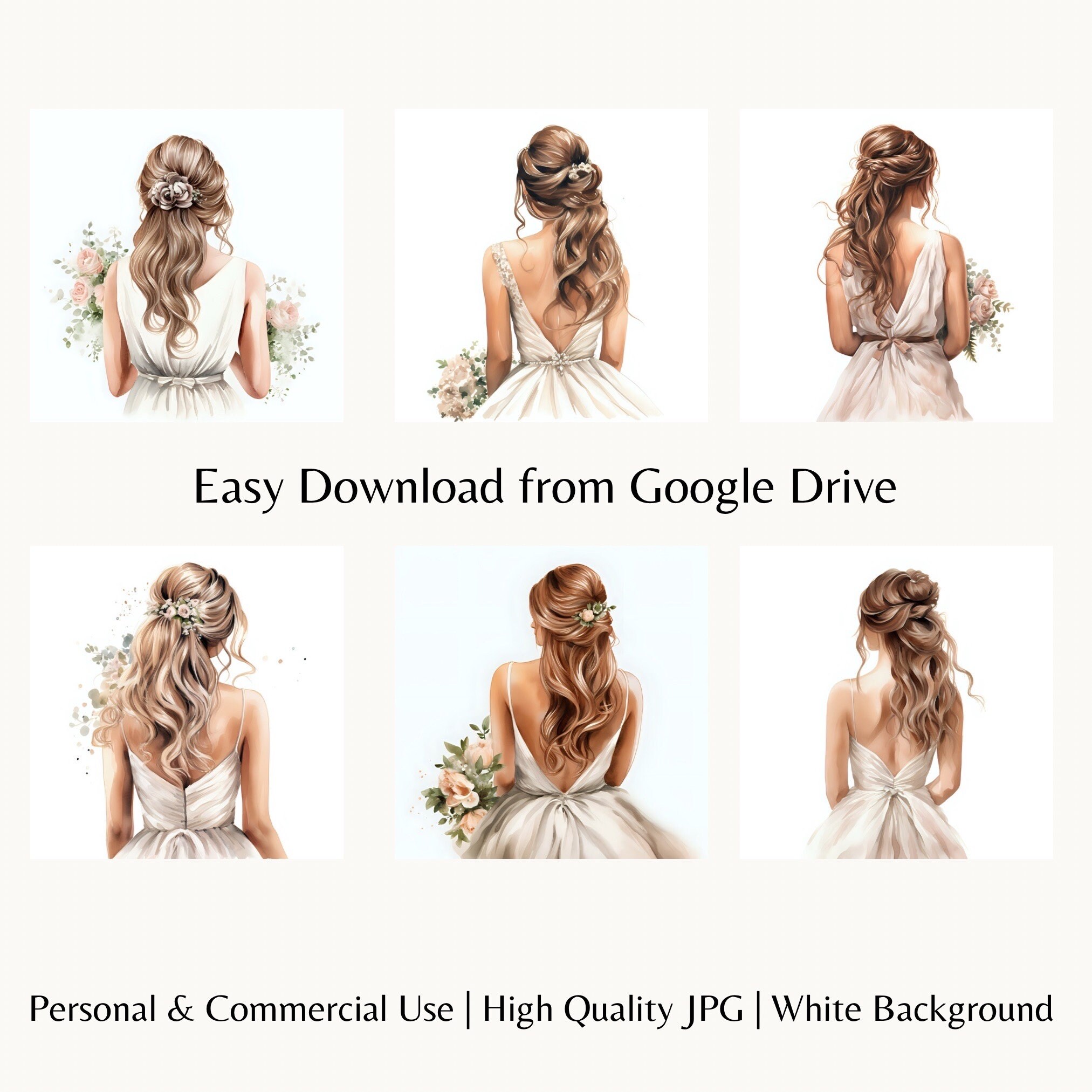20 Watercolor Back View Bride Hair Clipart, JPG Images for Digital ...