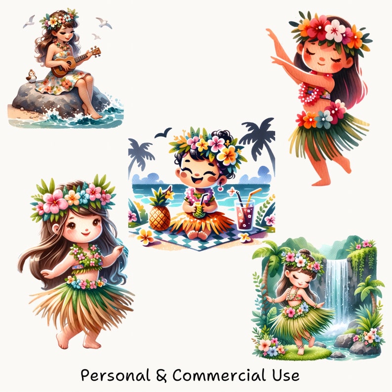 Watercolor Hula Girl PNG Clipart – Tropical Beach Clipart, Hawaiian ...