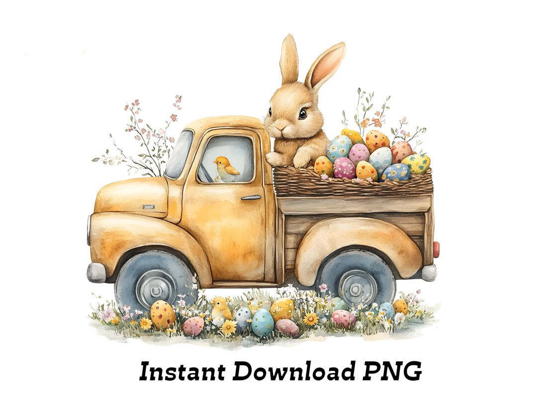 Vintage Easter Truck Clipart Bundle With Bunnies and Colorful Eggs ...