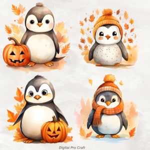 Autumn Cute Penguin Watercolor Clipart, Fall Animal Clipart PNG, Kids ...