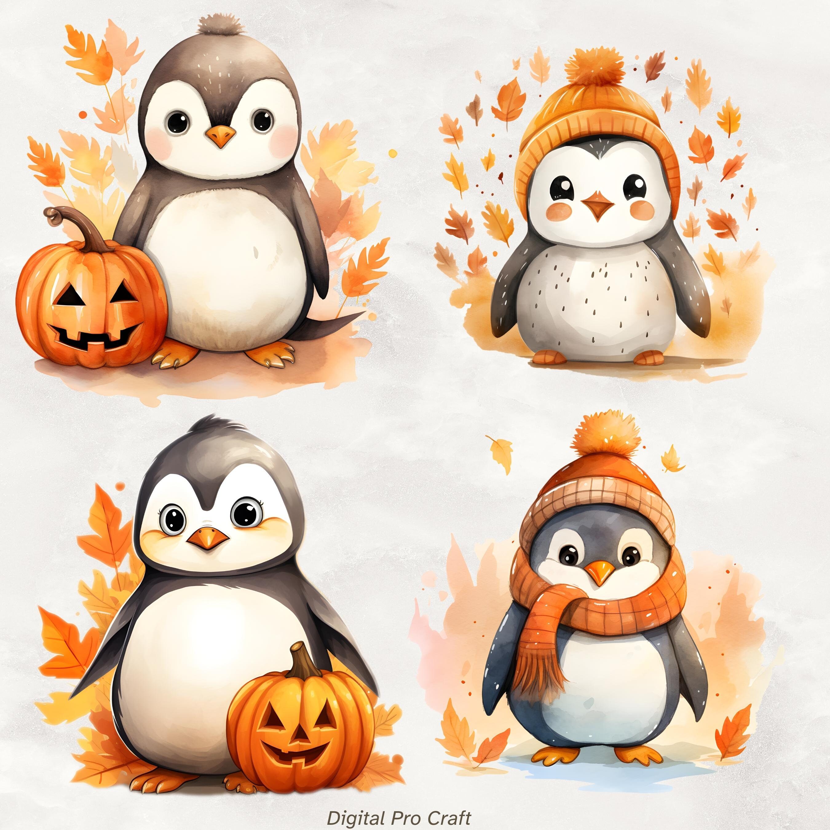 Autumn Cute Penguin Watercolor Clipart Fall Animal Clipart - Etsy