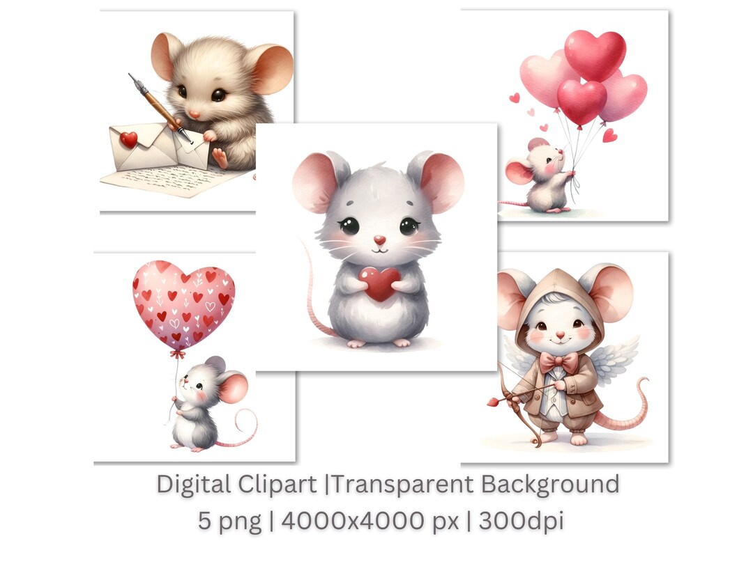Cute Valentines Mice Png Clipart Graphics Adorable Watercolor Rodents ...