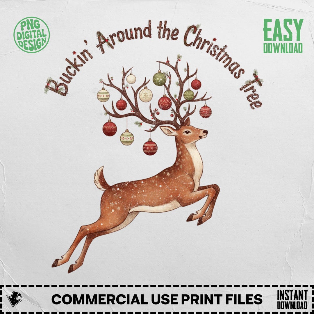 Vintage Christmas Deer PNG, Buckin Around Tree, Retro Holiday Clipart ...