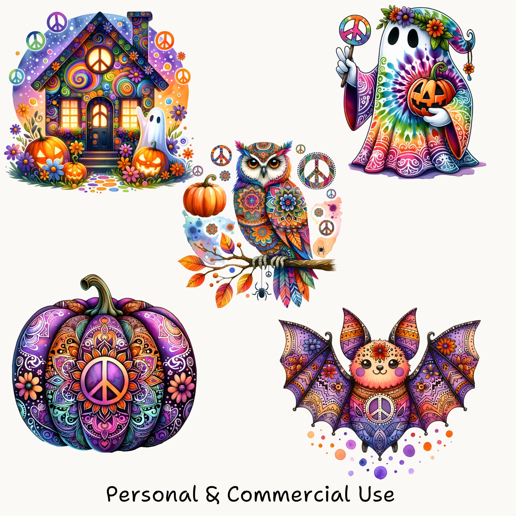 Halloween Hippie Clipart Collection | Hippie Ghost PNG | Pumpkin Hippie ...