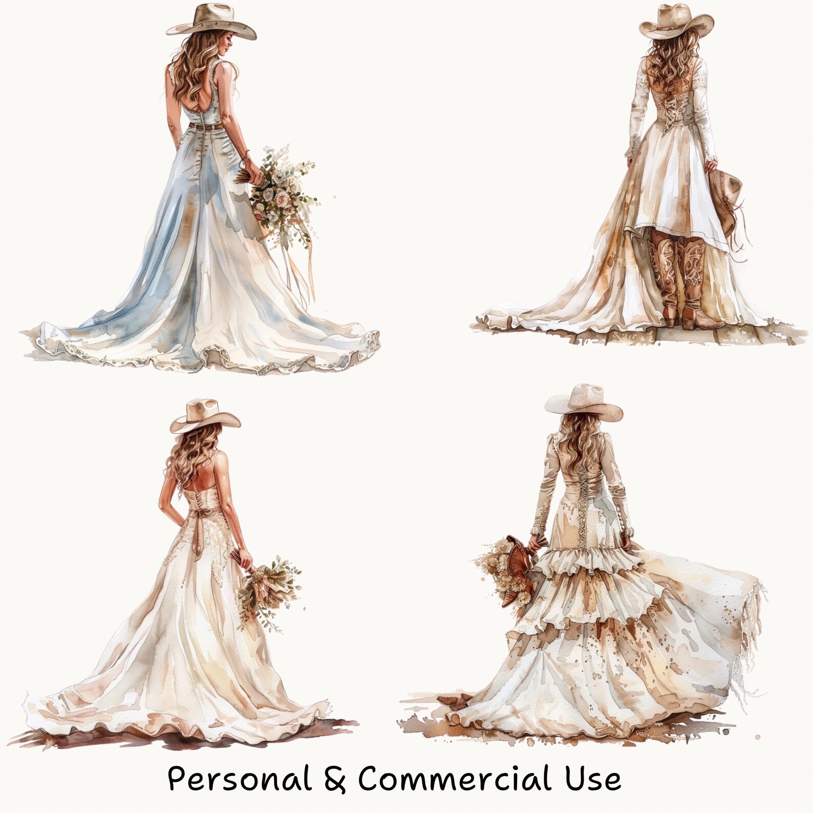 Cowgirl Bride Wedding Clipart, Western Texas Bridal PNG, Watercolor ...