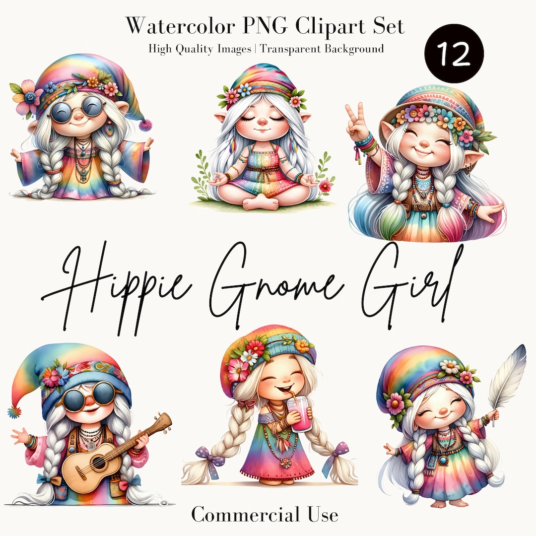 Hippie Gnome Girl Clipart, Watercolor PNG, Digital Download, Boho Chic ...
