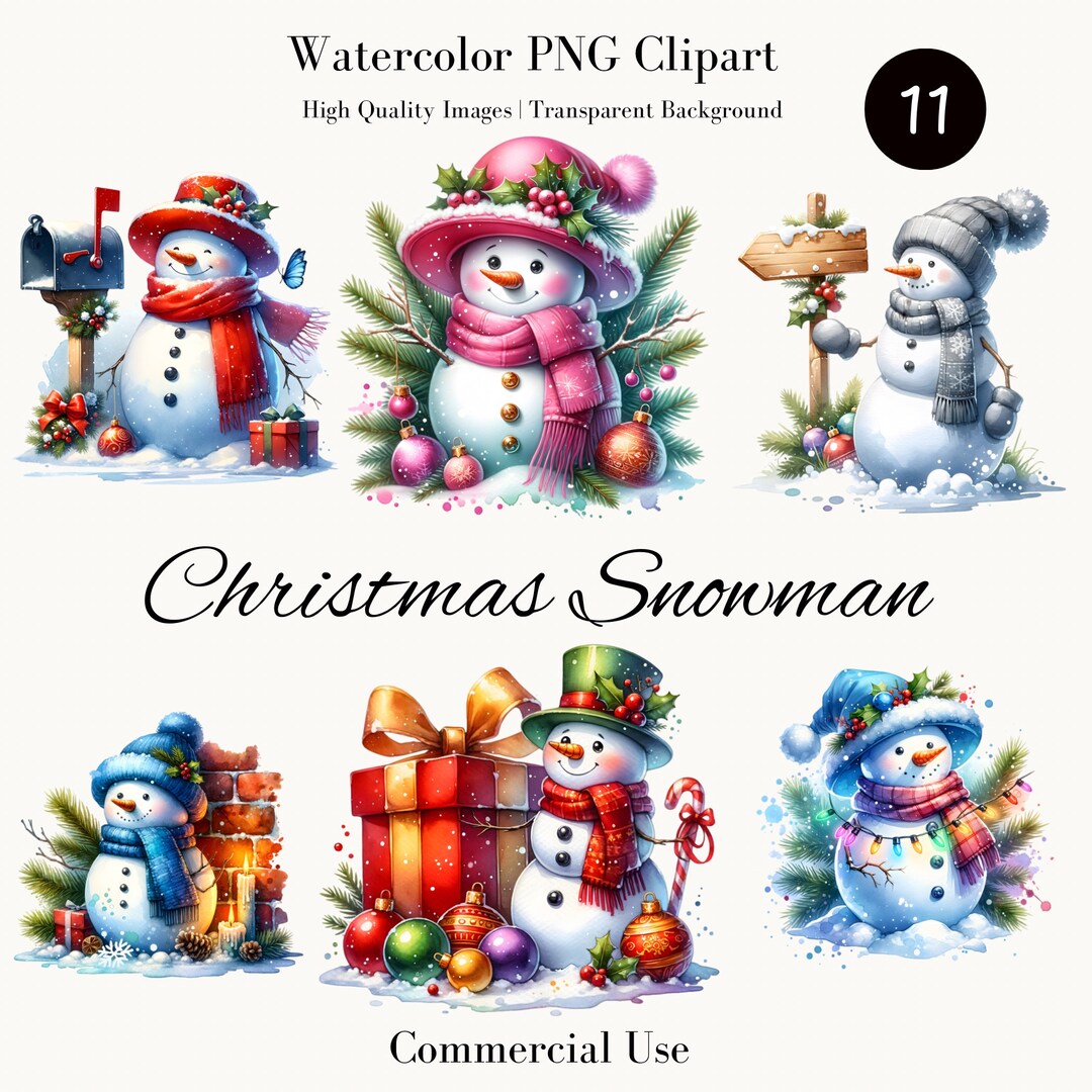 Watercolor Snowman Collection Clipart – 11 PNG Peeking Snowman Designs ...