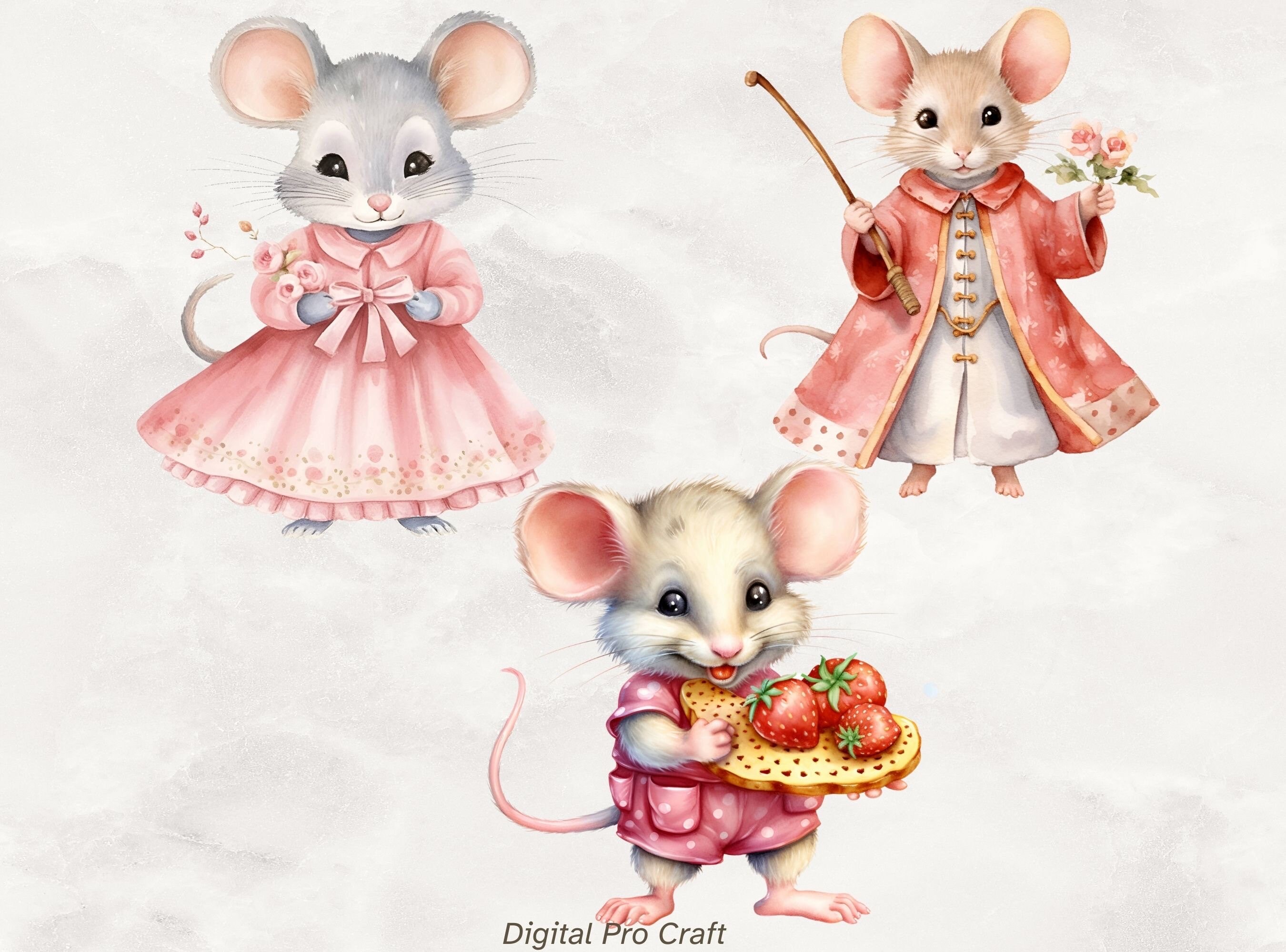 Watercolor Little Pink Mouse Clipart - Fairytale Mice 12 PNG Digital ...